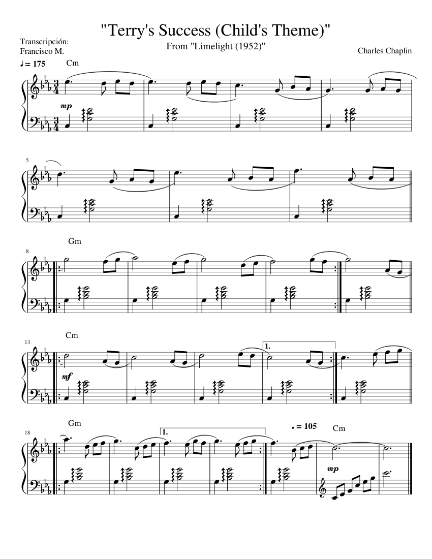 "Terry's Success" (Child's Theme) - Charles Chaplin / Piano Sheet Music ...