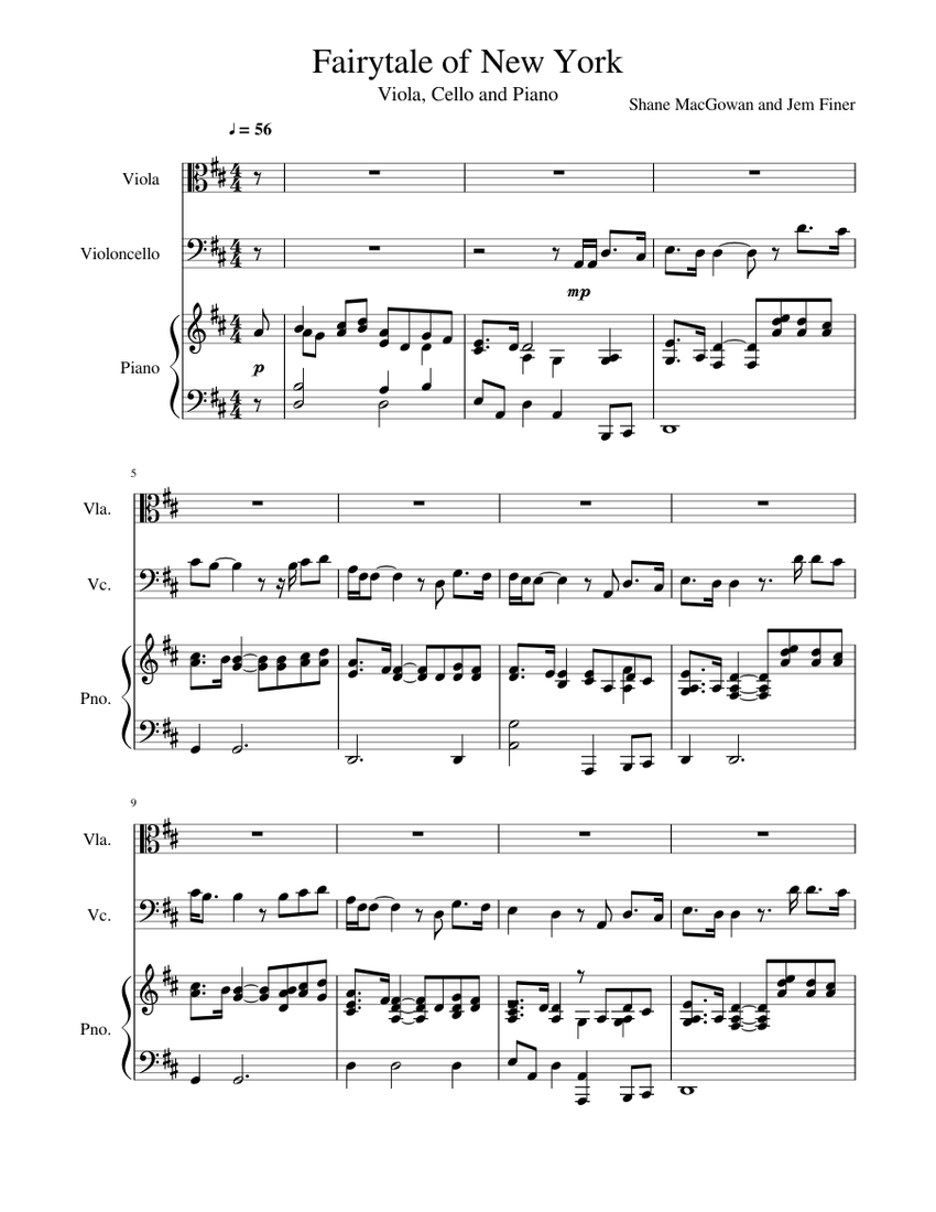 Fairytale of New York Sheet Music for Piano, Viola, Cello (Mixed Trio ...