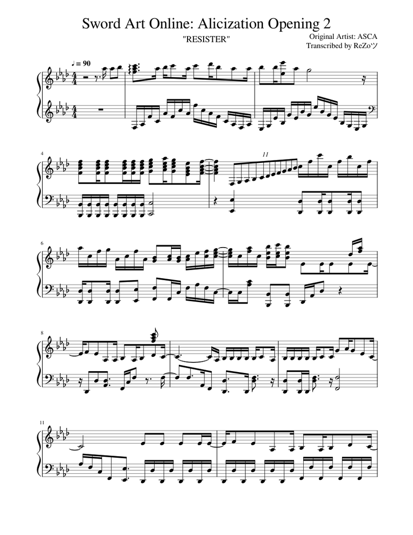 Sword Art Online Alicization Opening 2 Sheet Music for Piano (Solo ...