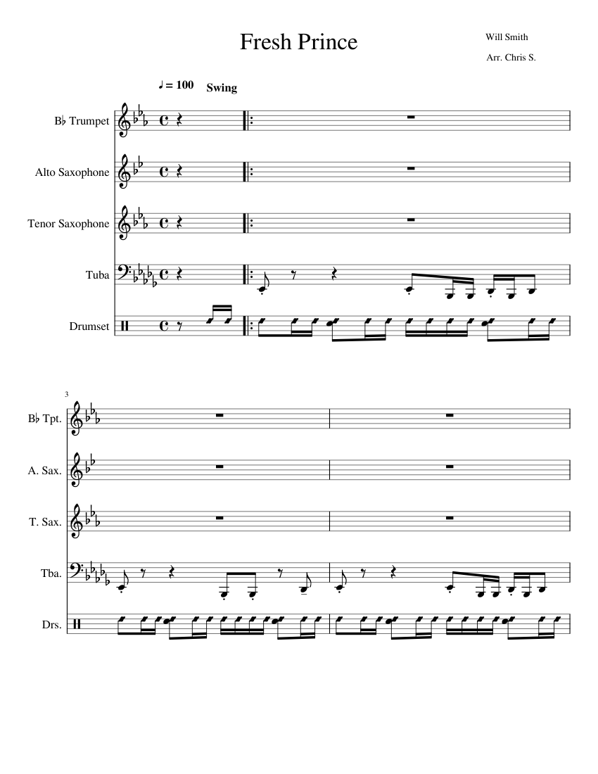 Fresh Prince Sheet Music for Tuba, Saxophone alto, Saxophone tenor ...