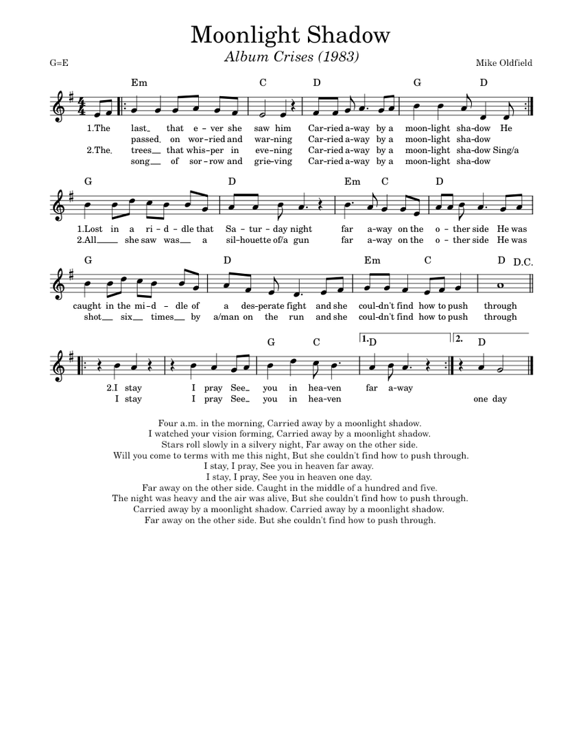 Moonlight Shadow Sheet Music with Chords for Flute other (Solo ...
