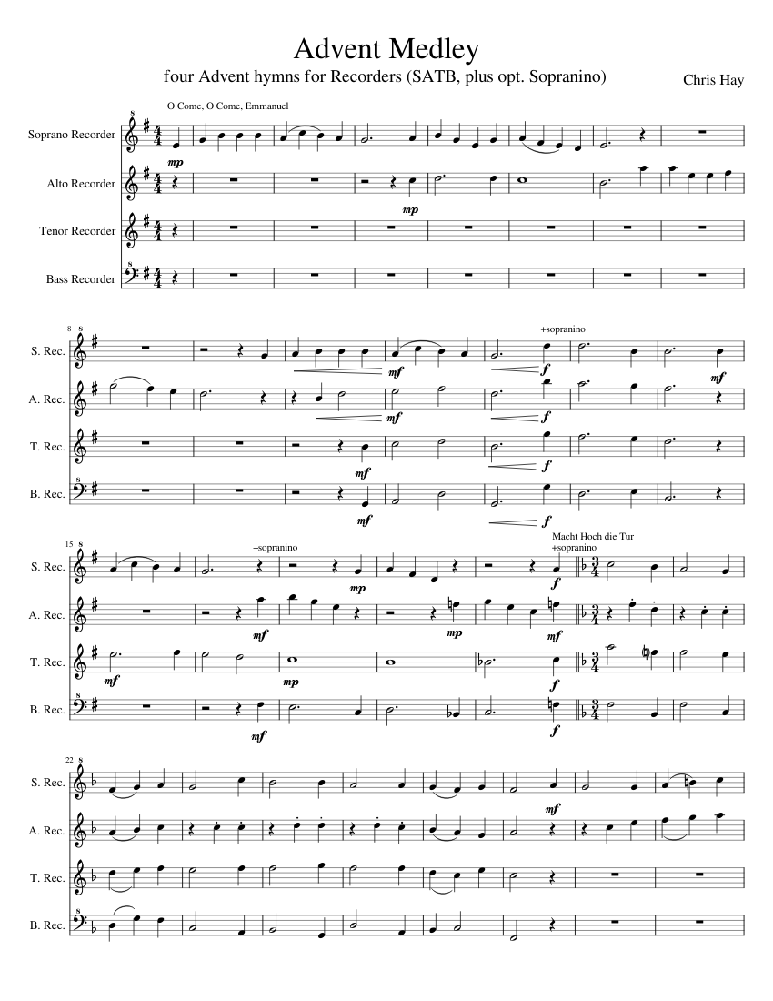 Advent Medley - Chris Hay Sheet Music for Recorder (Woodwind Quartet ...