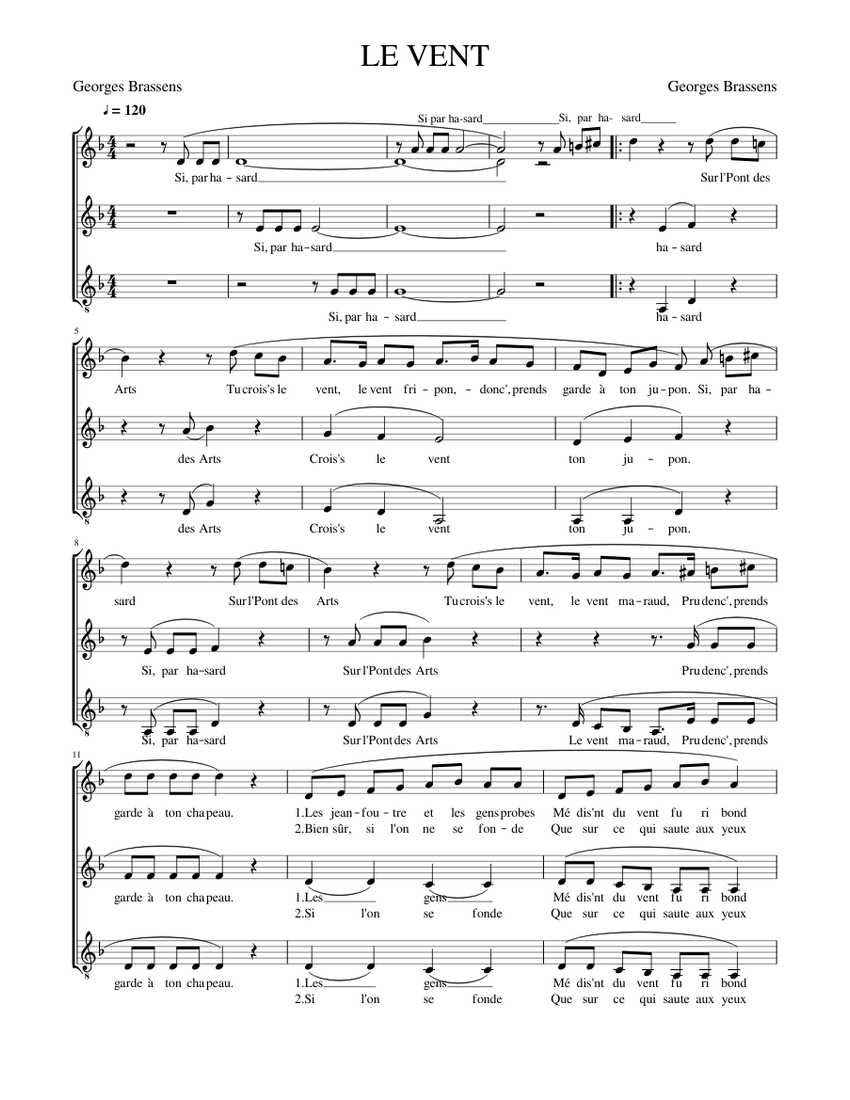 Vive le vent – Misc Traditional LE VENT Sheet music for Soprano, Alto ...
