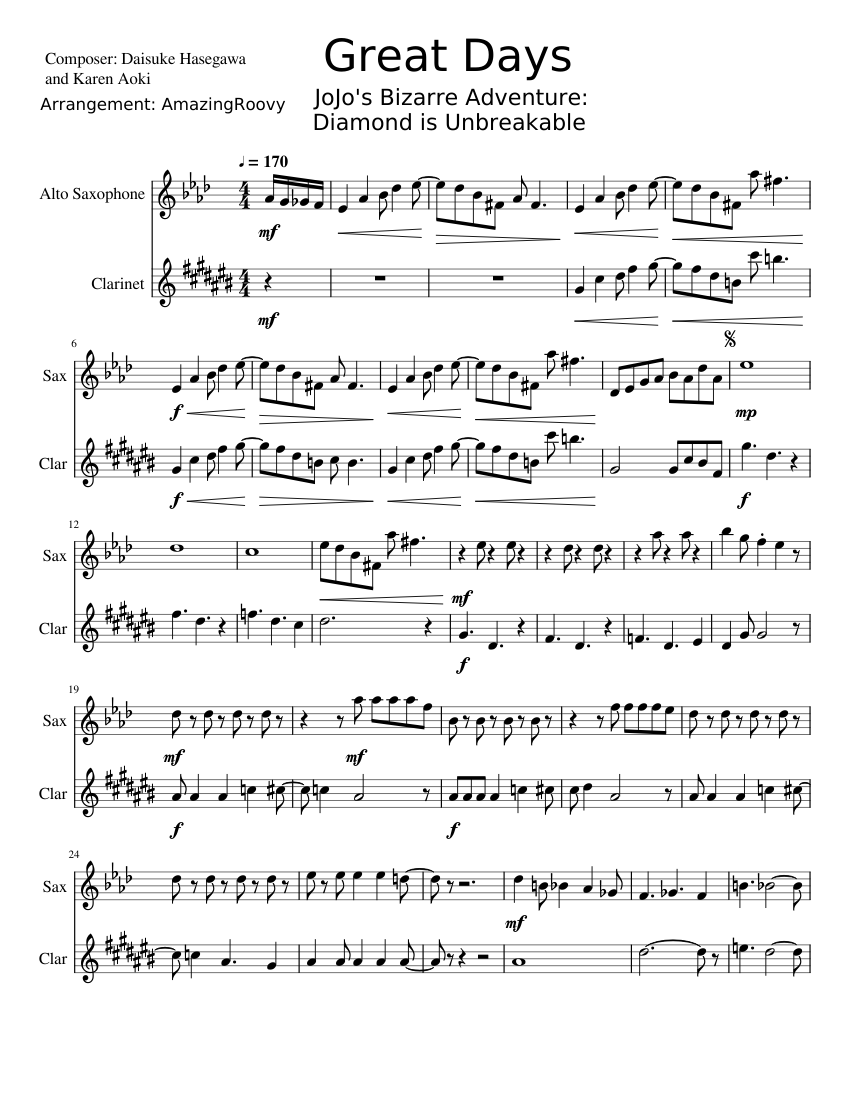 Great Days - Jojo's Bizarre Adventure (Alto Saxophone + Clarinet) Sheet ...