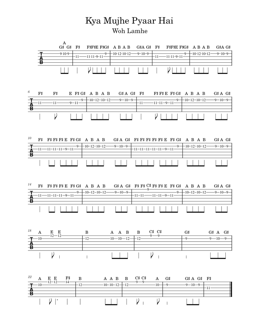 Kya mujhe pyaar hai – KK Sheet Music and Tab for Guitar (Solo) | MuseScore.com