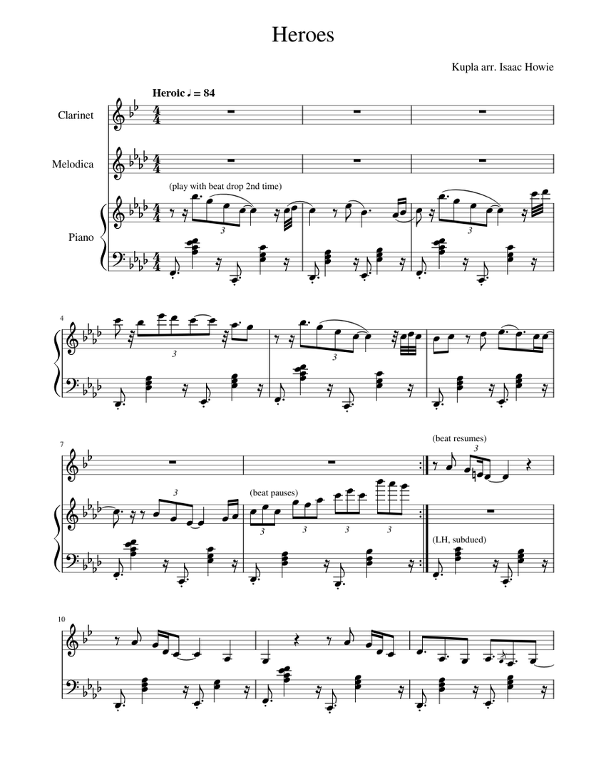 Heroes - Kupla Sheet music for Piano, Clarinet in b-flat, Melodica ...