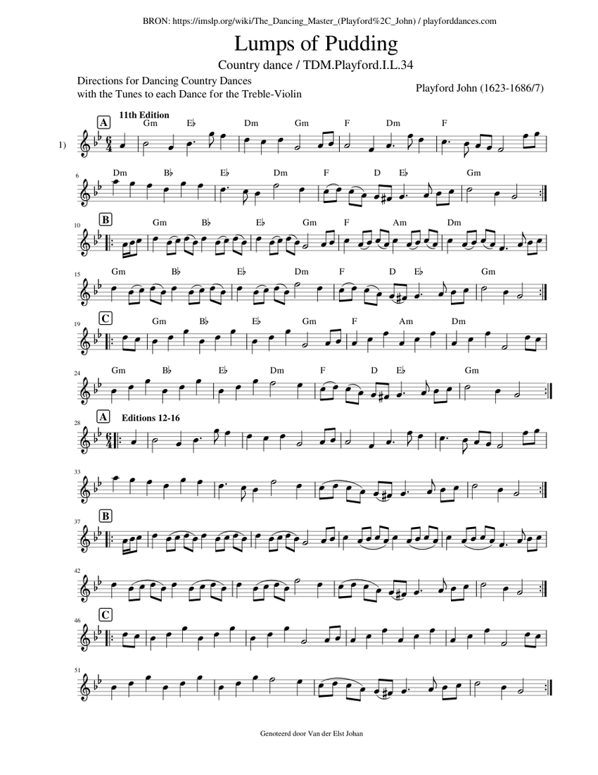 Lumps of Pudding (TDM.Playford.I.L.34) Sheet Music for Violin (Solo ...
