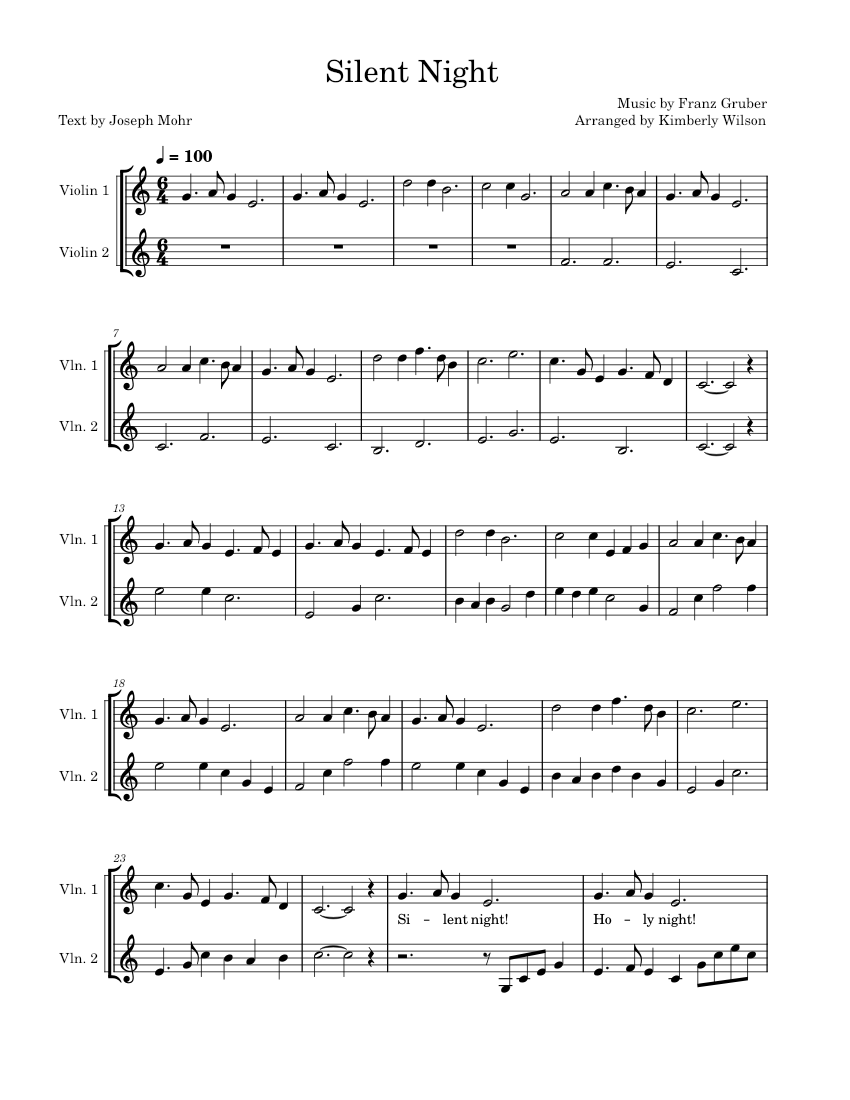Silent Night – Franz Xaver Gruber Silent Night Violin Duet Sheet Music ...