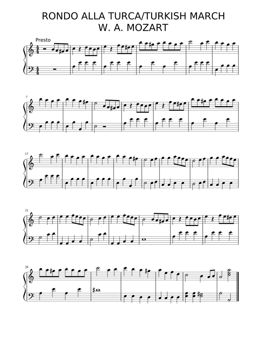 Rondo Alla Turca/Turkish March EASY version (Flowkey) Sheet Music for ...
