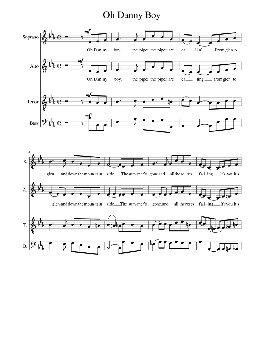 Oh Danny Boy neu Sheet Music for Soprano, Alto, Tenor, Bass voice ...