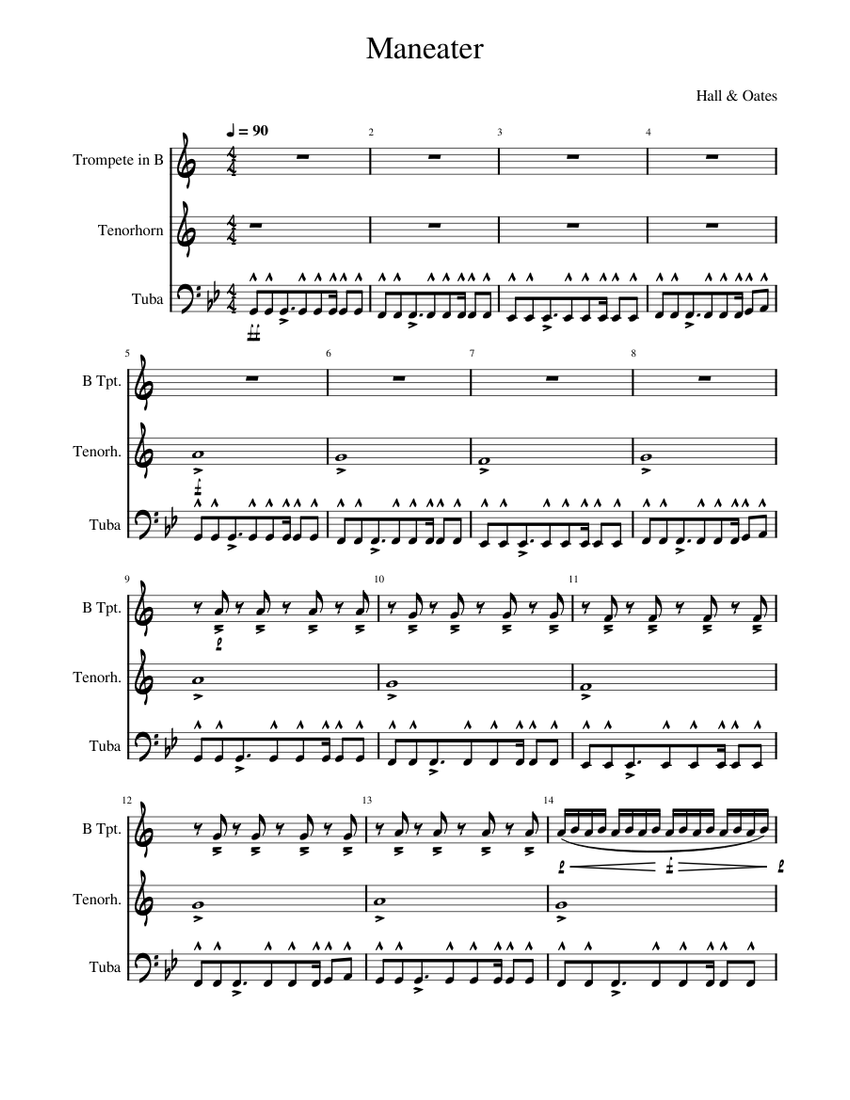 Maneater by Hall & Oates Sheet Music for Tuba, Trumpet in b-flat ...