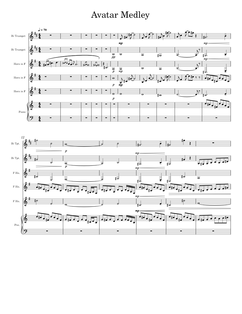 Avatar The Last Airbender Medley Sheet Music for Piano, Trumpet in b ...