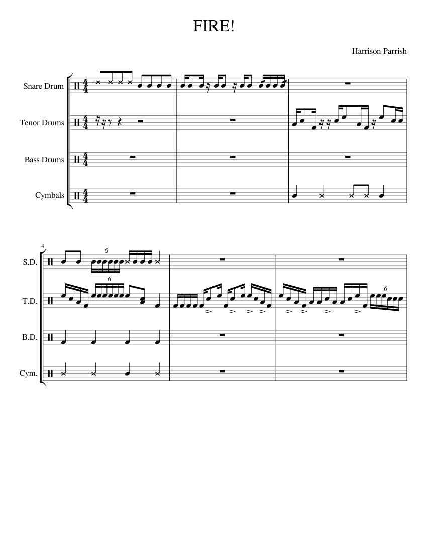 Fire Sheet music for Snare drum, Crash, Tenor drum, Bass drum (Mixed ...