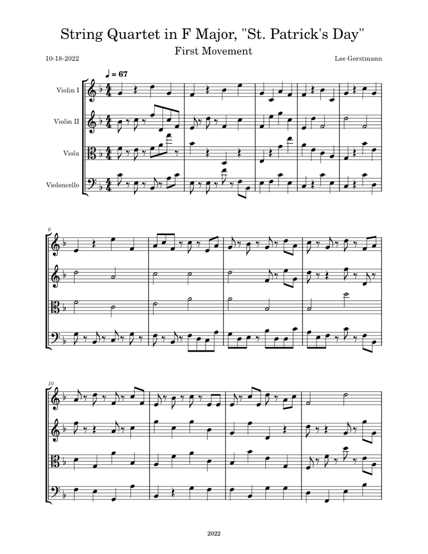 String Quartet in F Major, St. Patrick's Day 1 Sheet Music for Violin ...