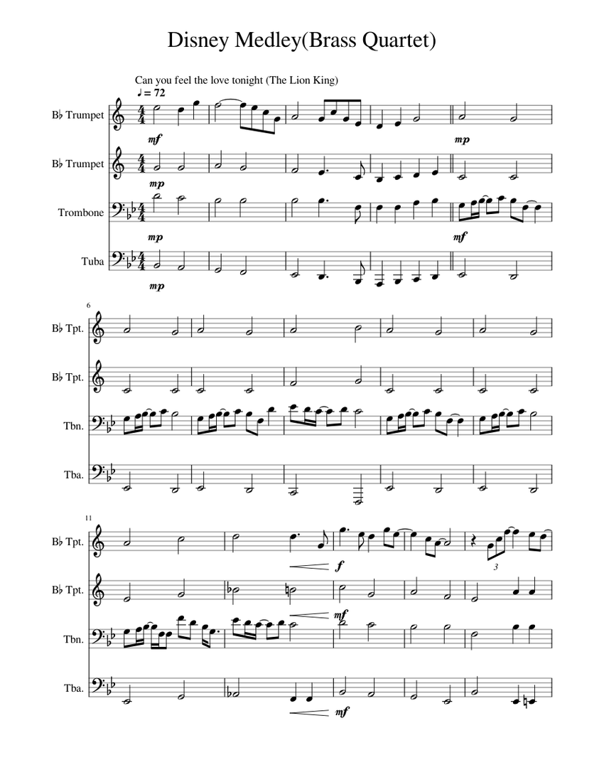 Disney Medley(Brass Quartet) Sheet Music for Trombone, Tuba, Trumpet in ...