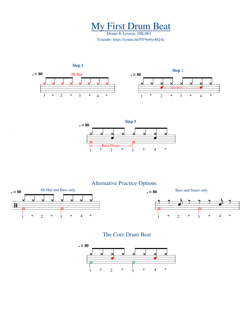 DIL001-My first drum beat - Lesson document Sheet Music for Drum group ...