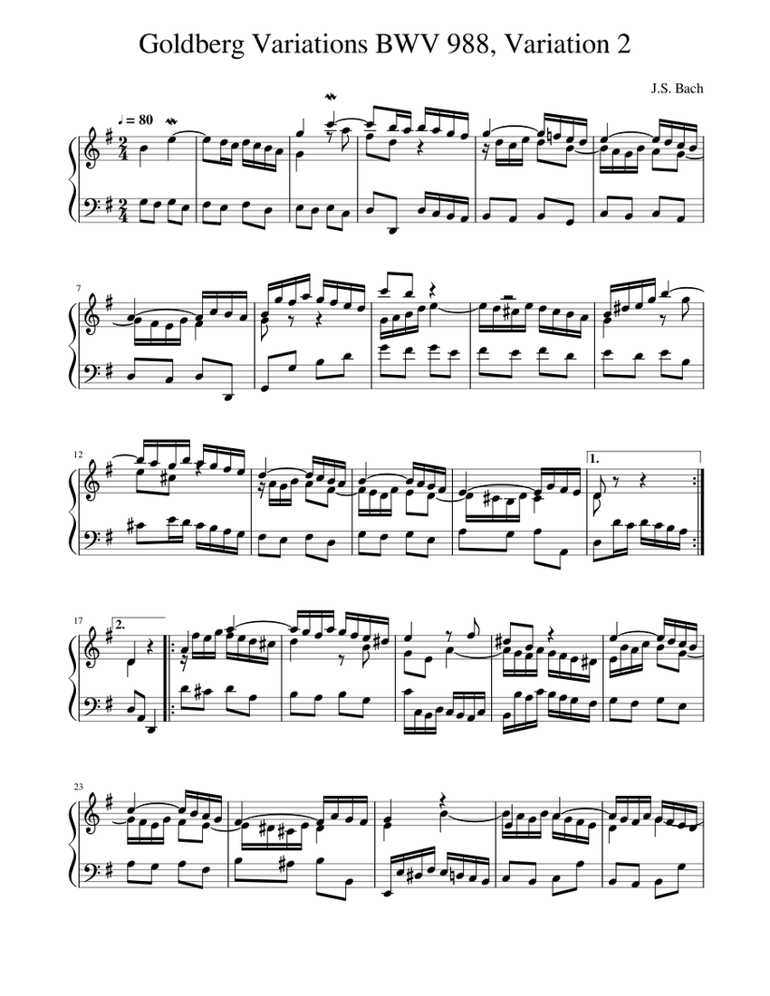 Goldberg Variations BWV 988, Variation 2 Sheet Music for Piano (Solo ...