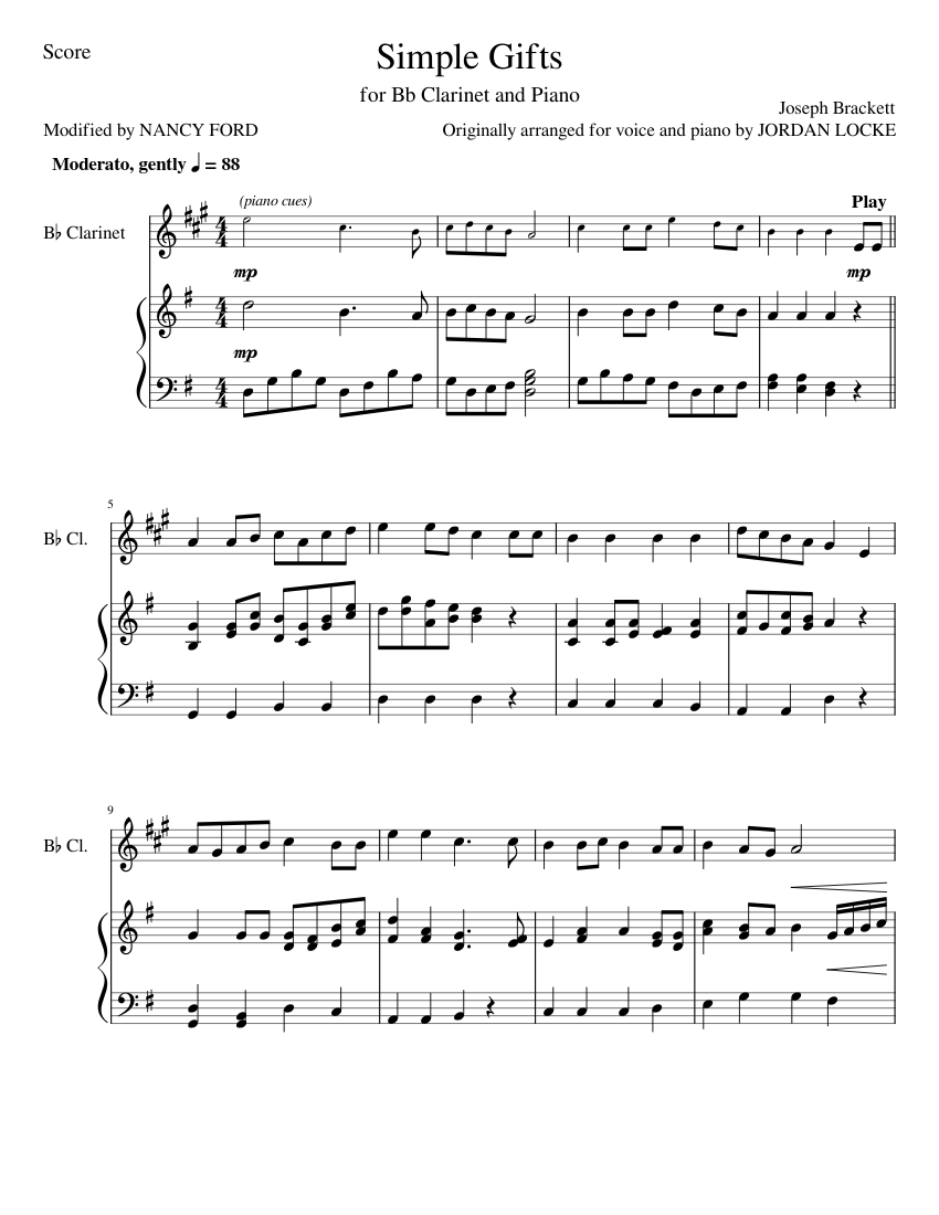 Simple Gifts - Score - (Bb Clarinet and Piano) Sheet Music for Piano ...