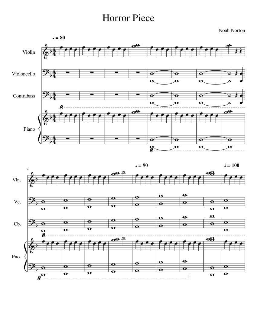 Horror Piece Sheet Music for Piano, Contrabass, Violin, Cello (String ...
