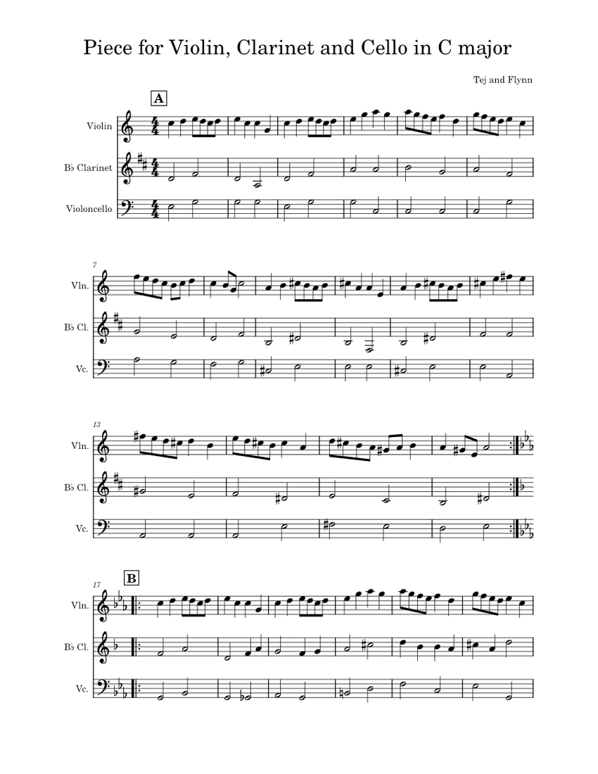 Piece for Violin, Clarinet and Cello in C major Sheet Music for ...