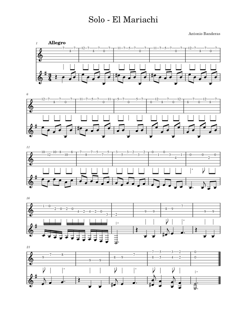 El mariachi – Antonio Banderas Sheet Music for Guitar (Solo ...