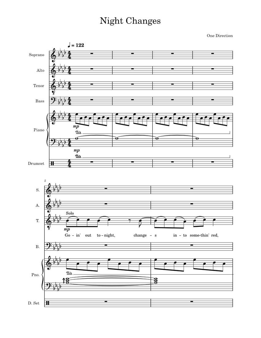 Night Changes – One Direction Sheet Music for Piano, Soprano, Alto ...