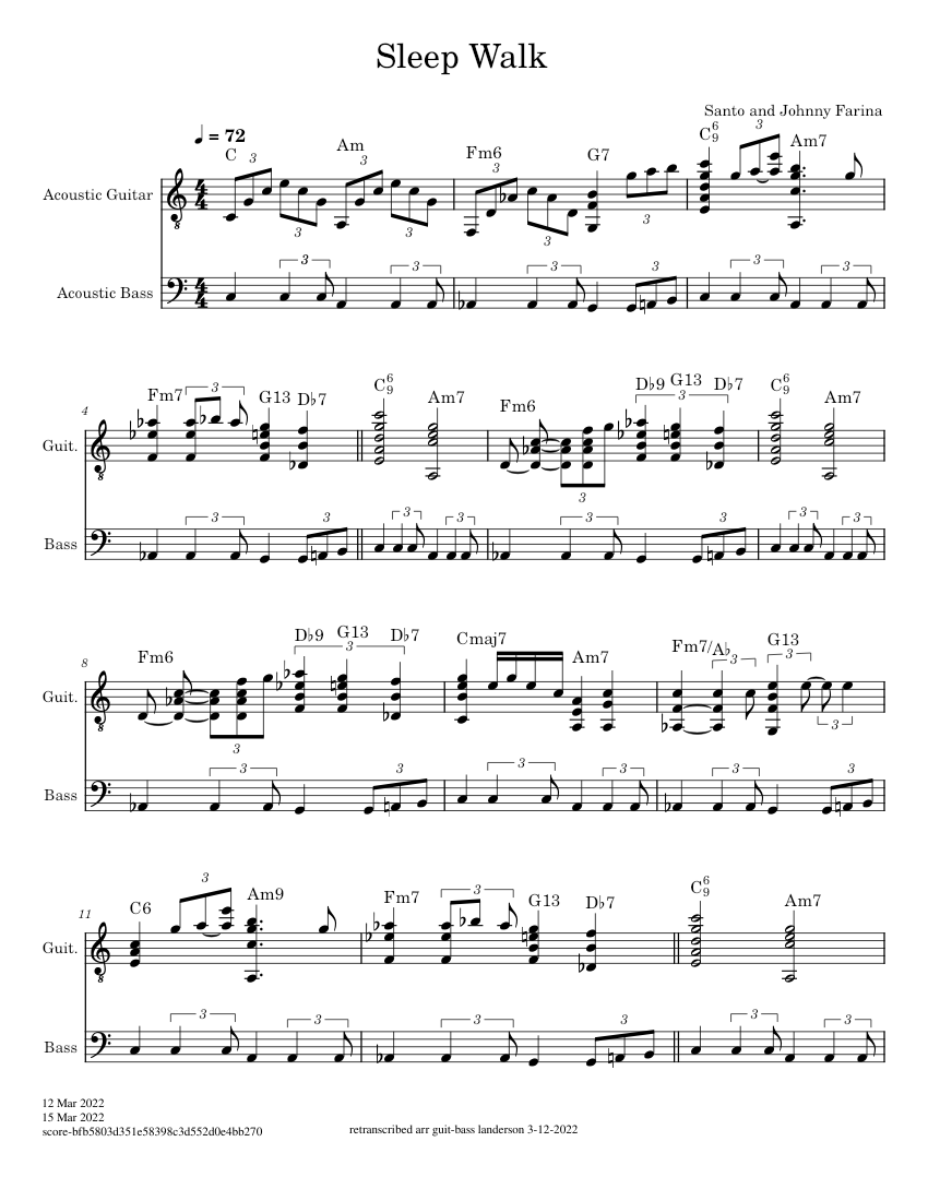 Sleep Walk – Santo and Johnny Farina Sheet music for Guitar, Bass ...