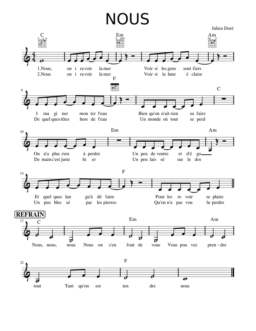 NOUS Sheet Music with Chords for Piano (Piano-Voice) Easy | MuseScore.com