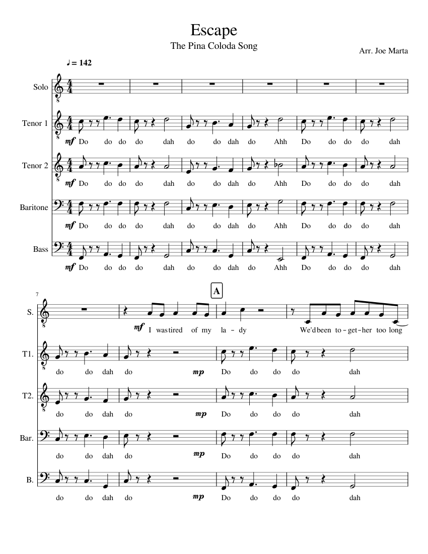 Escape The Pina Colada Song Sheet Music for Piano (Men’s Choir ...