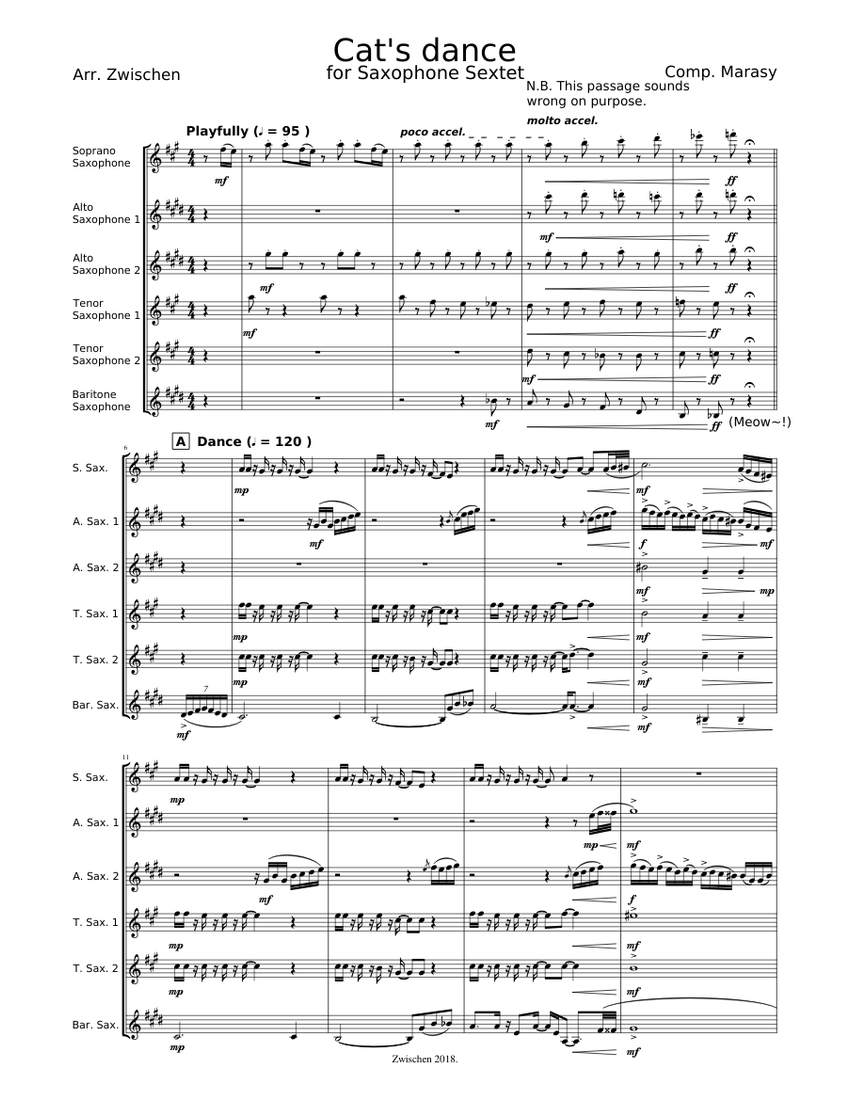 Cat's Dance for Saxophone Sextet Sheet Music for Saxophone alto ...