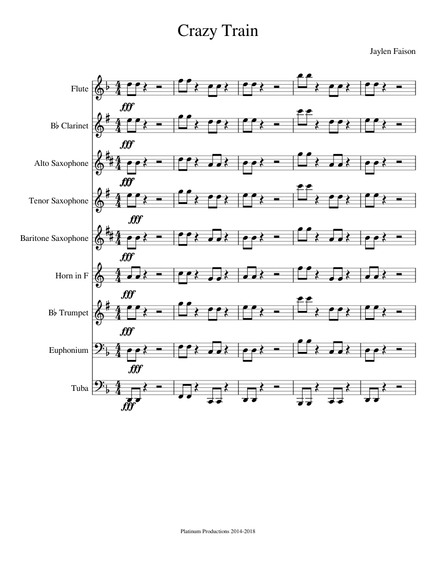 Crazy Train Sheet Music for Euphonium, Tuba, Flute, Clarinet in b-flat ...