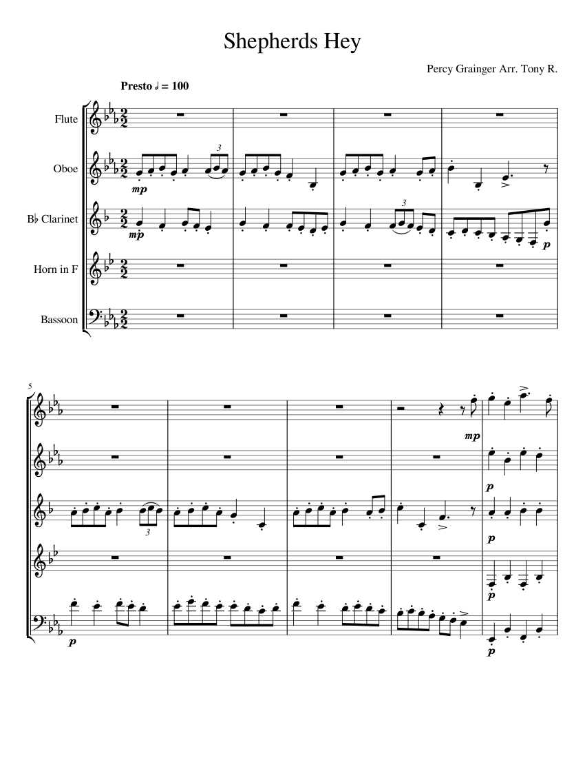 Shepherds Hey Sheet music for Flute, Oboe, Clarinet in b-flat, Bassoon ...
