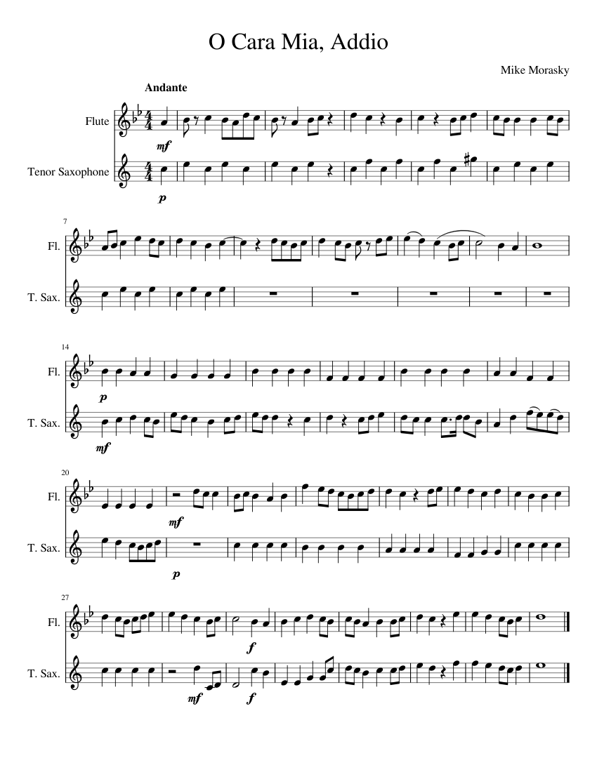 O Cara Mia Addio Sheet Music for Flute, Saxophone tenor (Woodwind Duet) | MuseScore.com