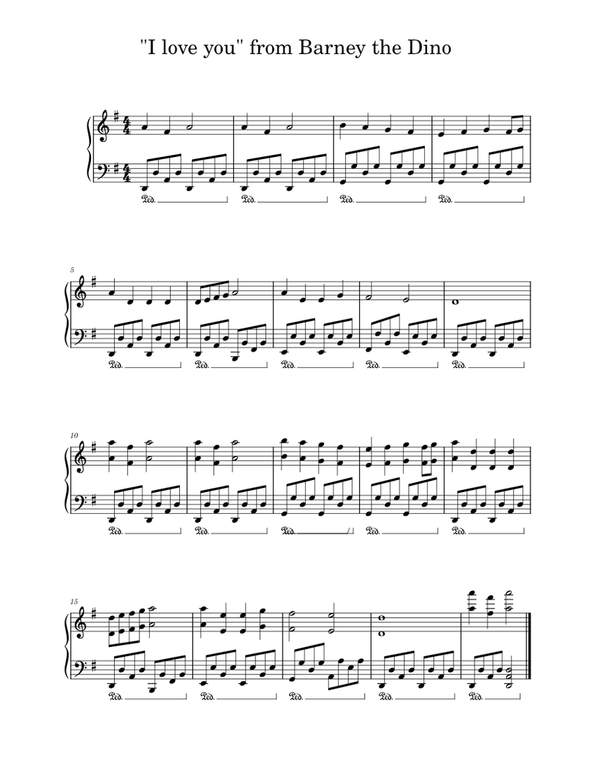 I love you – Barney & Friends Sheet Music for Piano (Solo) easy ...