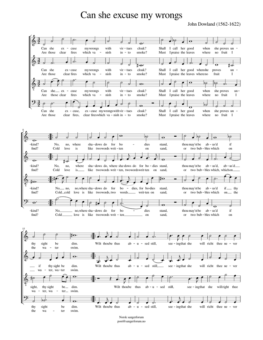Can she excuse my wrongs SATB Sheet music for Soprano, Alto, Tenor ...