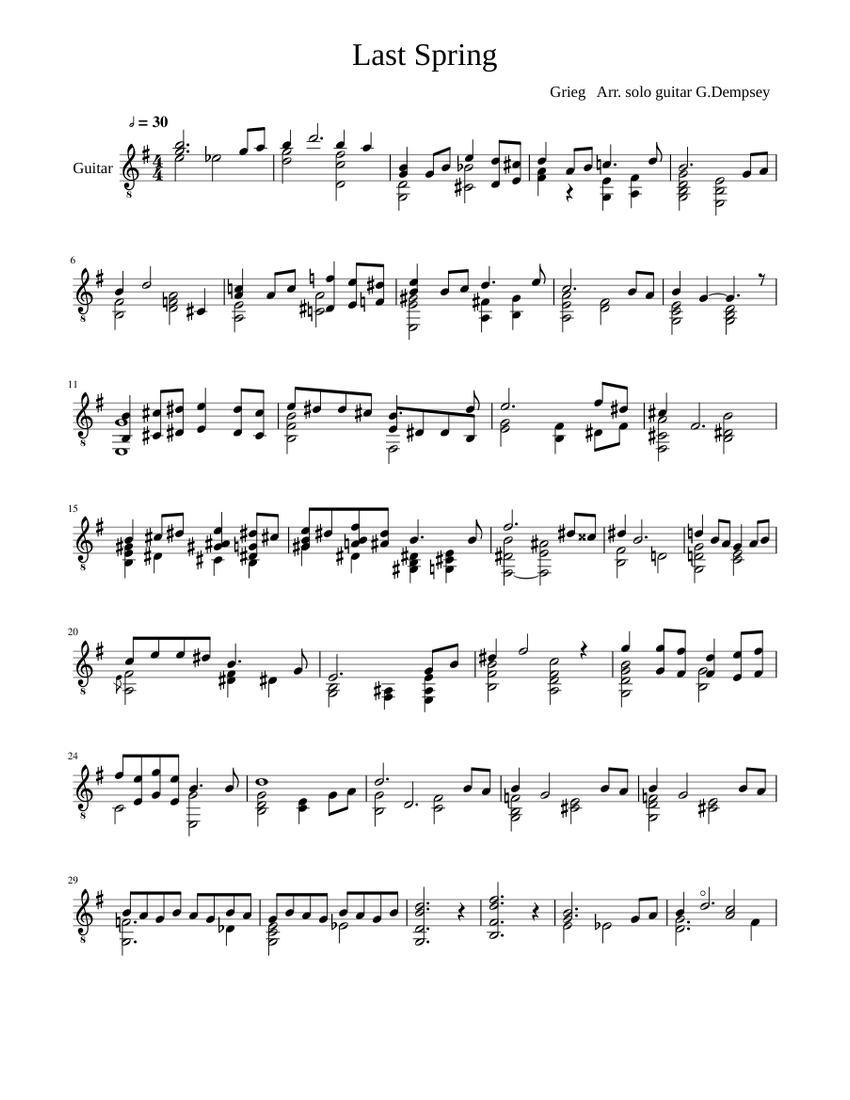 Last Spring Grieg arr. solo guitar G.Dempsey Sheet Music for Guitar ...