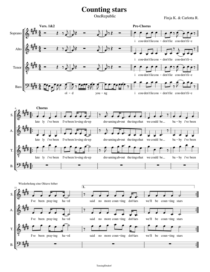 counting stars Sheet music for Soprano, Alto, Tenor, Bass voice (Choral ...