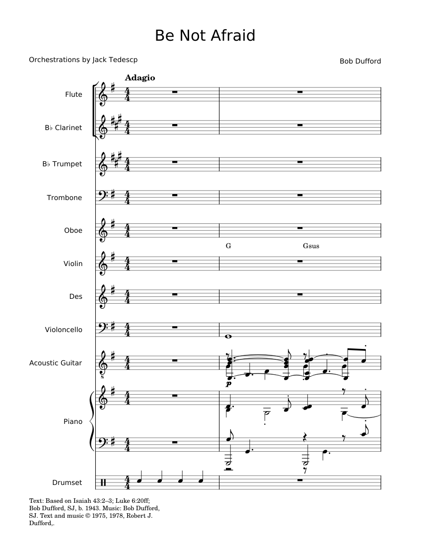 Be Not Afraid Sheet Music with Chords for Piano, Trombone, Flute, Oboe ...