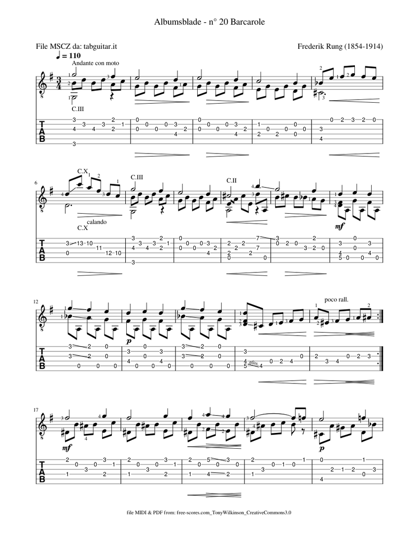 Rung Frederik - Albumsblade - n° 20 Barcarole Sheet music for Guitar (Solo) | Musescore.com
