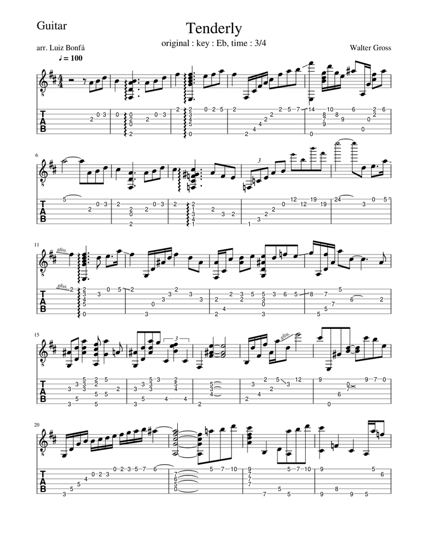 Tenderly - Walter Gross - guitar - arr. Luiz Bonfá Sheet Music and Tab ...