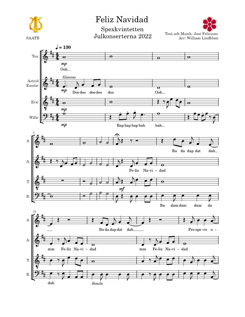 Feliz navidad – José Feliciano Feliz navidad SATB Sheet Music for ...