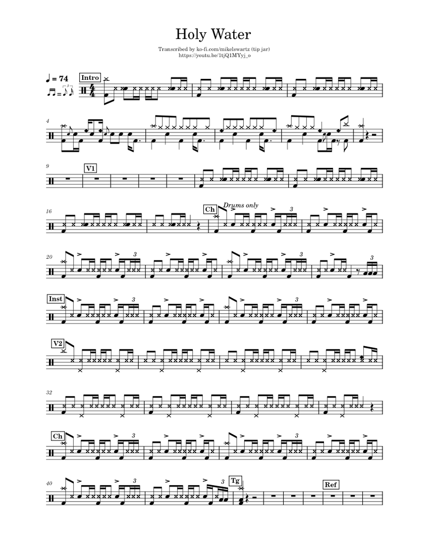 Holy Water – We the Kingdom (w/rim click) Sheet Music for Drum group ...