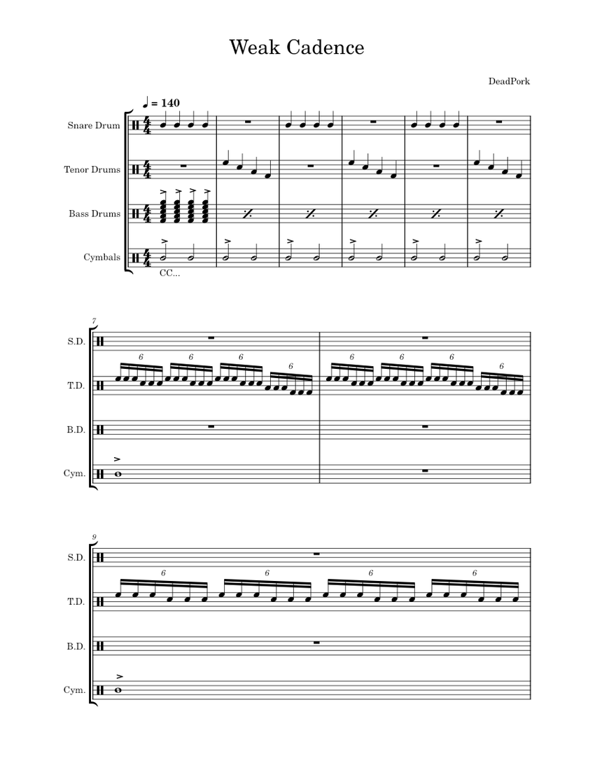 Weak Cadence Sheet music for Snare drum, Crash, Tenor drum, Bass drum ...