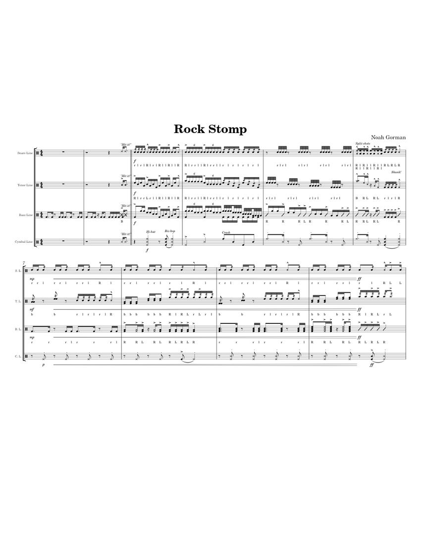 Rock Stomp Cadence Sheet Music for Snare drum, Crash, Tenor drum, Bass ...