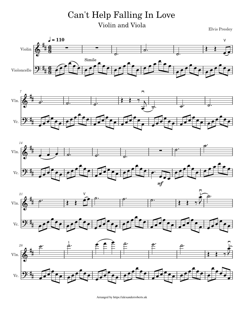 Can't Help Falling In Love – Elvis Presley Sheet music for Violin, Cello (String Duet ...