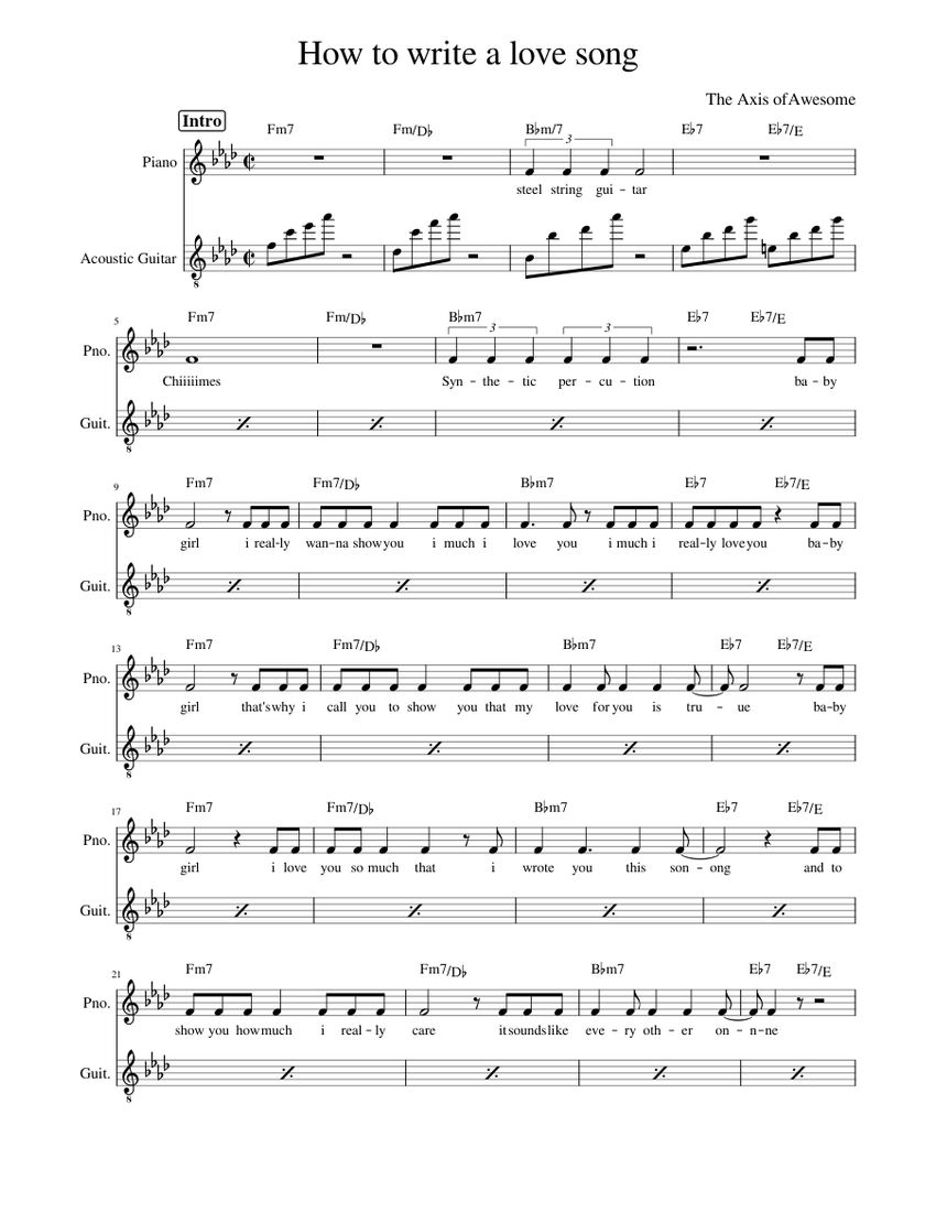 How to write a love song (axis of awesome ) Sheet Music with Chords for ...