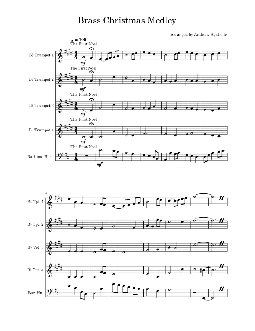 Brass Christmas Medley Sheet Music for Trumpet in b-flat, Baritone horn ...