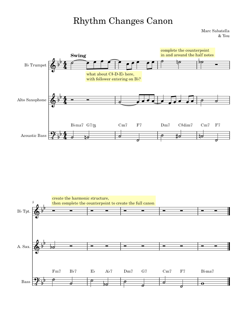 Exercise: Rhythm Changes Canon Sheet Music with Chords for Saxophone alto, Trumpet in b-flat ...