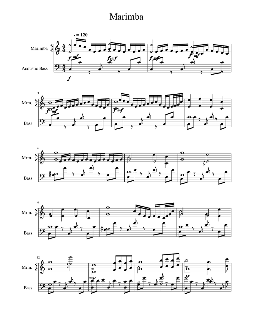 Marimba Sheet Music for Bass guitar, Marimba (Mixed Duet) | MuseScore.com