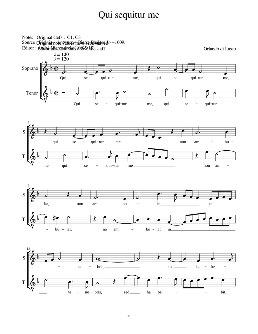 Qui sequitur me - Orlando di Lasso Sheet Music for Soprano, Tenor ...